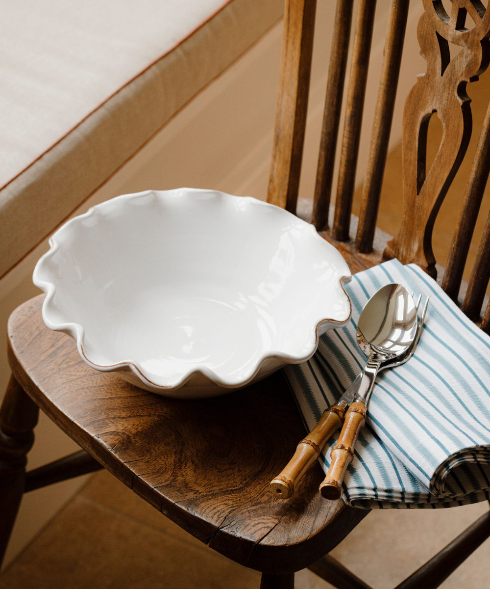 Ruffle Ceramic Bowl, White - Glassette